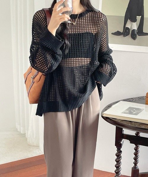 SETUP7（セットアップセブン）の「【SETUP7】ローゲージ透かし編みクルーネックニット KNF037（ニット/セーター）」 - WEAR