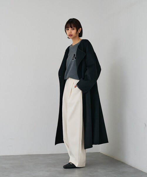 セール】【体型カバー】ノーカラーロングコート（ノーカラーコート