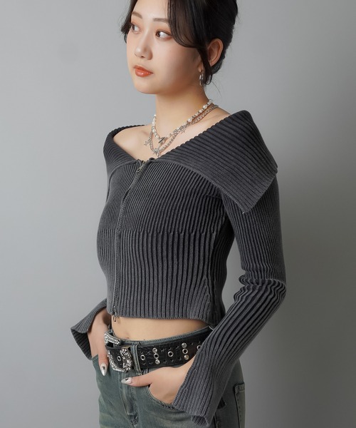 SPINNS（スピンズ）の「Wジップ長袖オフショルニット / ピグメント加工（ニット/セーター）」 - WEAR