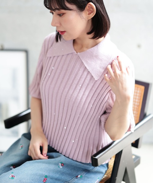 スパンコール衿付きニット【大きいサイズ対応】（ニット/セーター）｜Ruwan yu（ルワンユー）のファッション通販 - ZOZOTOWN