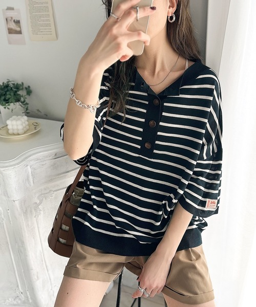 Java（ジャバ）の「《JaVa ジャバコラボ》さらっとお洒落。2wayヘンリーネックボーダーサマーニット（Tシャツ/カットソー）」 - WEAR