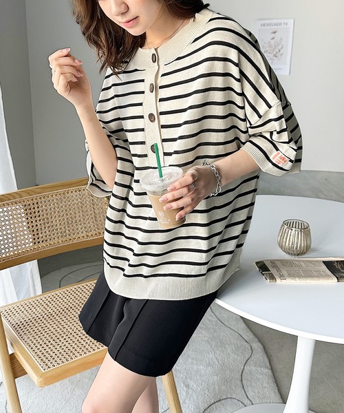 Java（ジャバ）の「《JaVa ジャバコラボ》さらっとお洒落。2wayヘンリーネックボーダーサマーニット（Tシャツ/カットソー）」 - WEAR