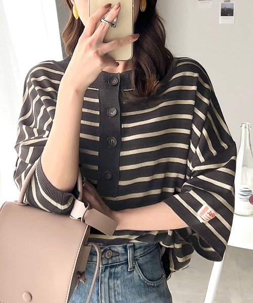 Java（ジャバ）の「《JaVa ジャバコラボ》さらっとお洒落。2wayヘンリーネックボーダーサマーニット（Tシャツ/カットソー）」 - WEAR