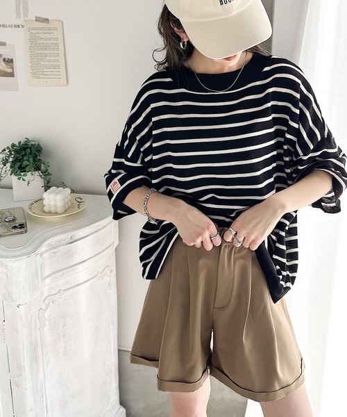 Java（ジャバ）の「《JaVa ジャバコラボ》さらっとお洒落。2wayヘンリーネックボーダーサマーニット（Tシャツ/カットソー）」 - WEAR