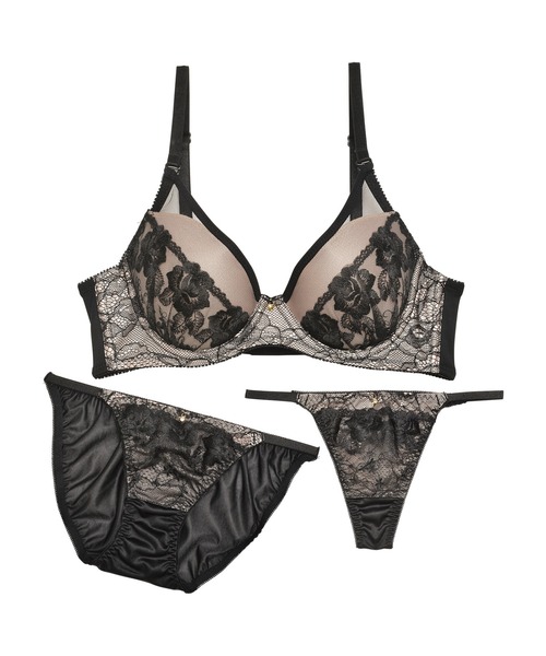 DRW（ドロー）の「[DRW]3点セット ブラジャー ショーツ セット 補正下着 シアー ローズ エンブロイダリー 育乳 脇高 ブラジャー & フルバック & Tバック ショーツ セット（ブラ ...