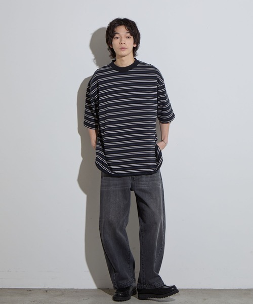 SLICK（スリック）の「【SLICK/スリック】Multi Border Drawstring T-Shirt / マルチボーダードローストリングTシャツ/オーバーサイズ シルエット（T ...