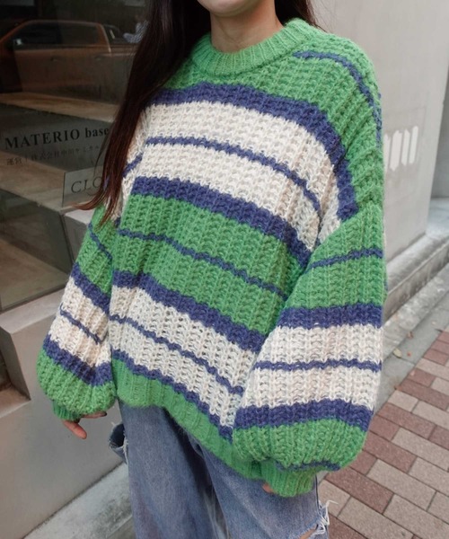 セール】マルチボーダールーズニットプルオーバー（ニット/セーター