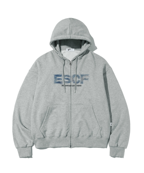 Denim stamp print two-way hooded zip-up grey（パーカー）｜ESCAPEFROM（エスケープフロム ...