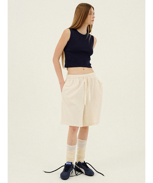 LLL DESIGN STUDIO（lllデザインスタジオ）の「Crew Neck Ribbed Crop Top_Navy Blue（T ...