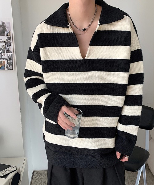 aimoha（アイモハ）の「aimoha men DEEP V NECK BORDER KNIT Vネックボーダーニット（ニット/セーター ...