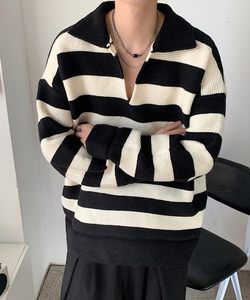 aimoha（アイモハ）の「aimoha men DEEP V NECK BORDER KNIT Vネックボーダーニット（ニット/セーター ...