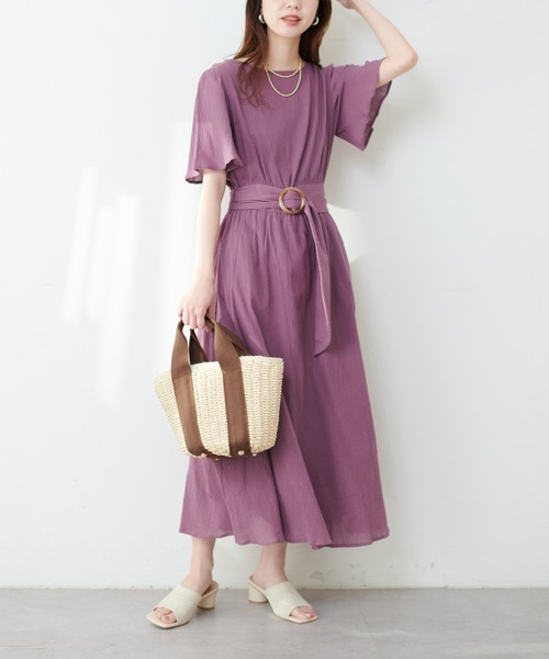 natural couture（ナチュラルクチュール）の「【WEB限定】フレア袖太ベルトワンピース（ワンピース）」 - WEAR