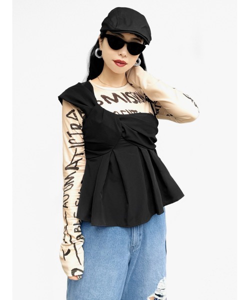 【LVEU.】アシンメトリーペプラムキャミソール(Ai select) / トップス キャミソール アシンメトリー アシメ ドレープ フレア ペプラム レイヤード ブラック（キャミソール ...