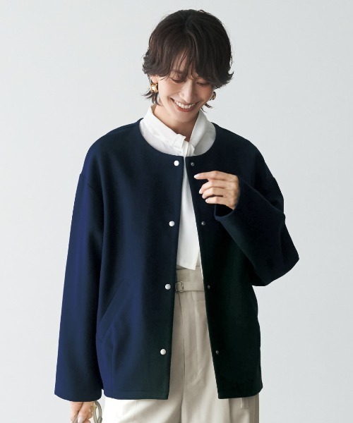IEDIT（イディット）の「IEDIT こなれカジュアルなほどぬくコクーンコート〈ネイビー〉（ノーカラージャケット）」 - WEAR