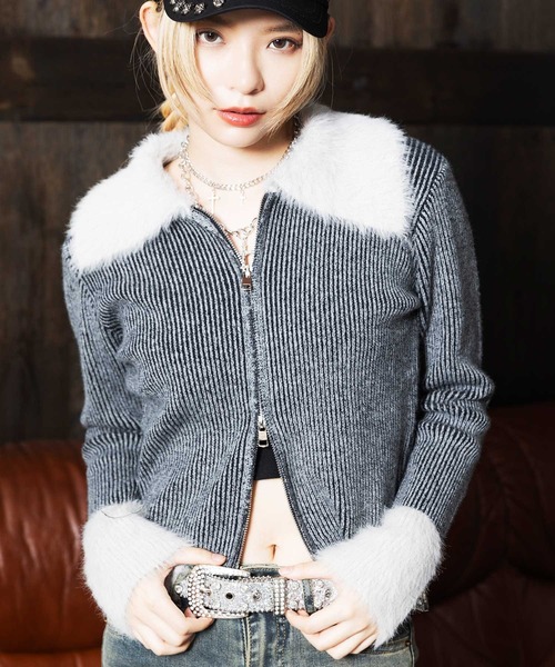 SPINNS（スピンズ）の「襟ファーWジップニット（ニット/セーター）」 - WEAR