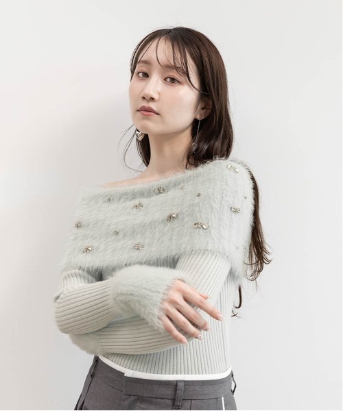 ランダ（RANDA）/＜25秋冬新作＞ビジューシャギーオフショルダーニット セール】ビジューシャギーオフショルダーニット（ニット/セーター