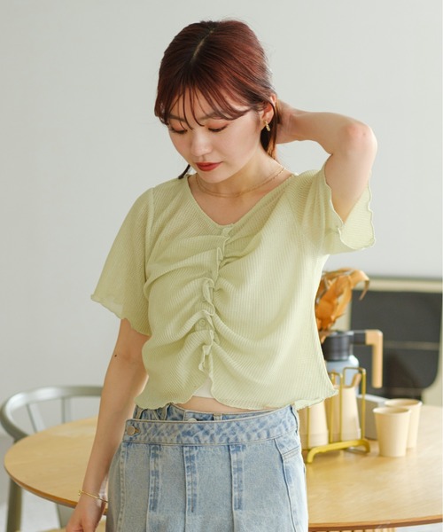 Kastane（カスタネ）の「*【4色展開/2WAY】フロントシャーリング半袖TEE（Tシャツ/カットソー）」 - WEAR